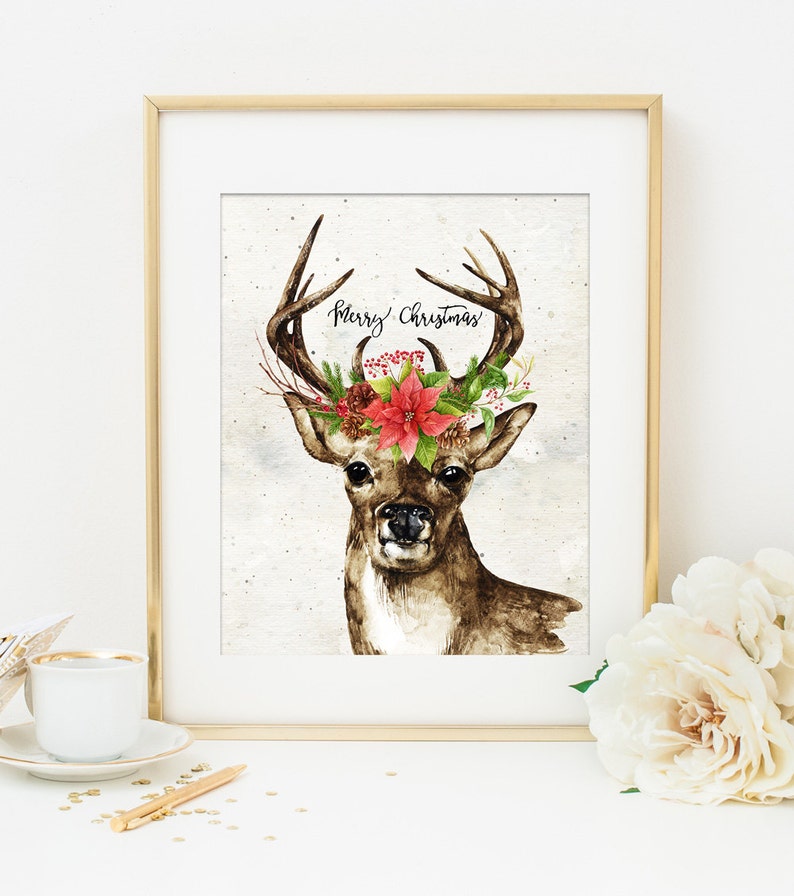 Christmas Deer Printable Art Print, Merry Christmas Print, Watercolor ...