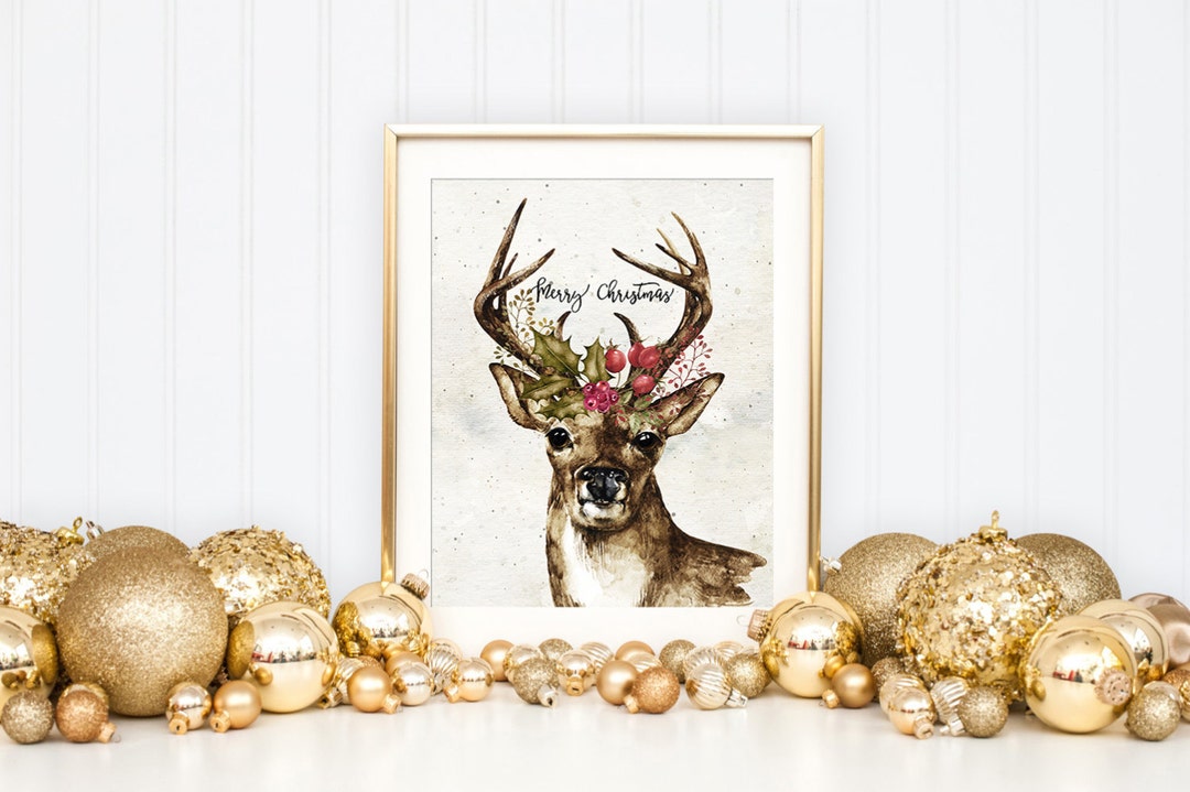 Christmas Deer Printable Art Print, Watercolor Deer Antlers Printable ...