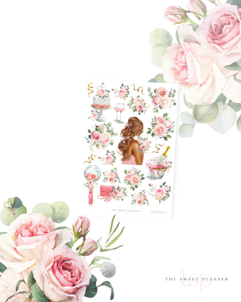 PINK BIRTHDAY | Deco Sticker Sheet | Floral Planner Stickers | Girly ...