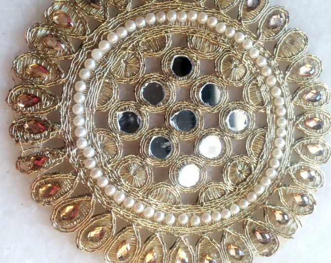 Pair of Indian Circular Dull Gold Mirror Kundan Patch Applique, DIY ...