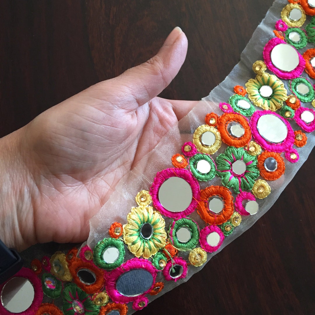 9 Yard Trimmings Mirror Border Embroidered Multicolor Trim Saree ...