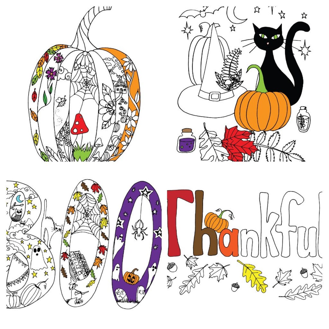 Fall / Halloween / Thanksgiving Coloring Pages Set of 4, Printable PDF ...