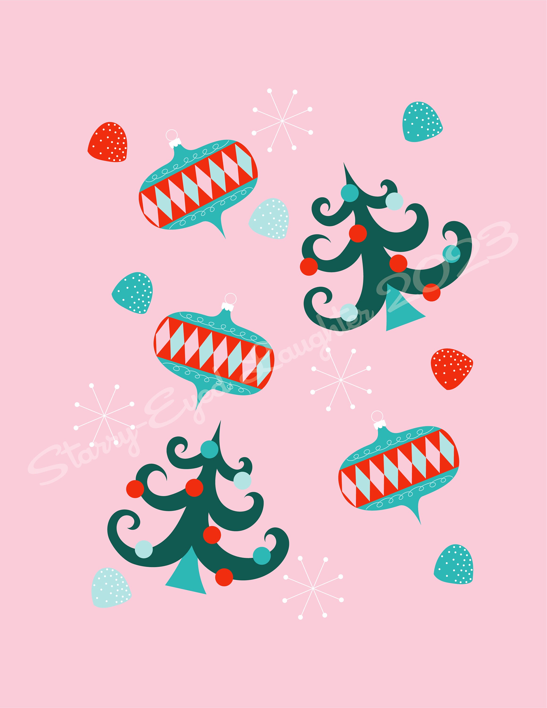 Vintage Pink Christmas Prints, Retro Mid-century Modern Atomic Holiday ...