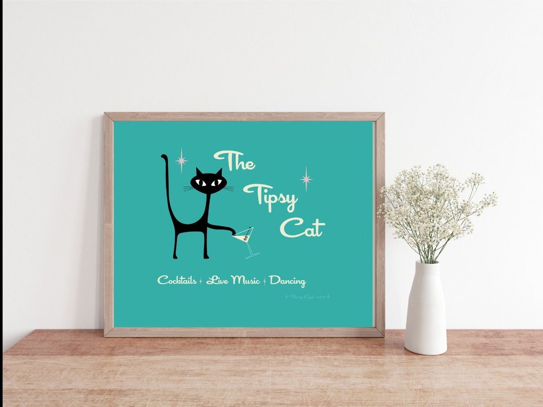 Atomic Cat Cocktail Bar Sign Print Teal, Printable Art, Turquoise ...