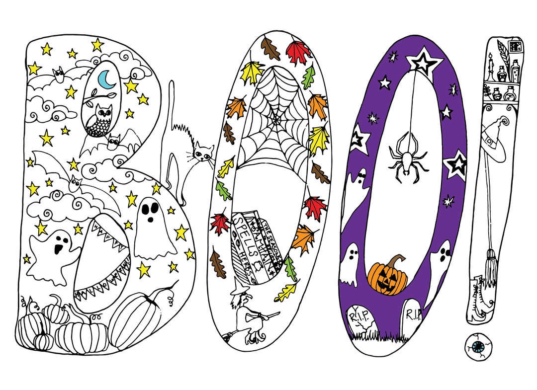 BOO! Spooky Halloween Coloring Page for Children and Adults, Printable ...