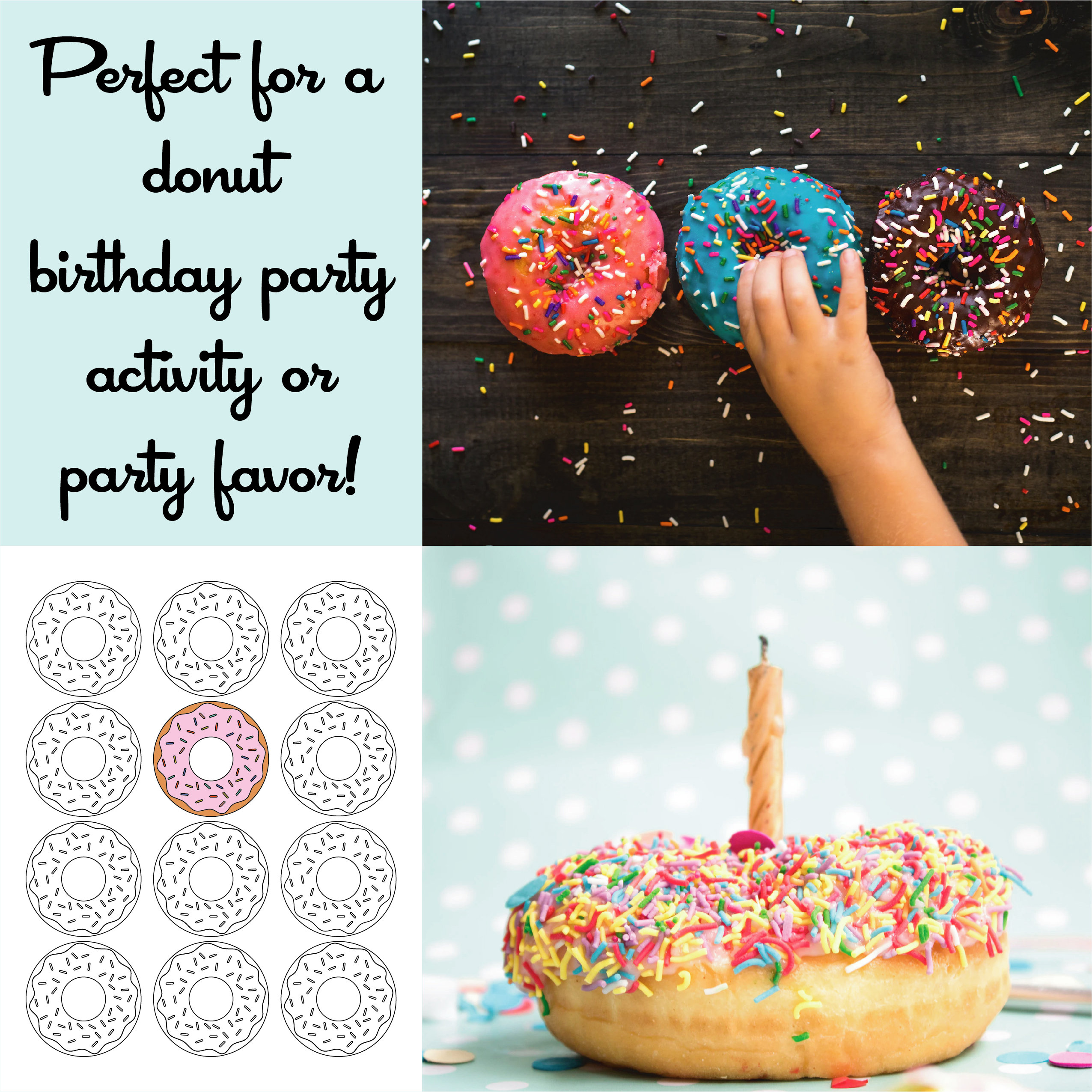 Donut Coloring Page Printable, Sprinkled Doughnuts Birthday Party Favor ...