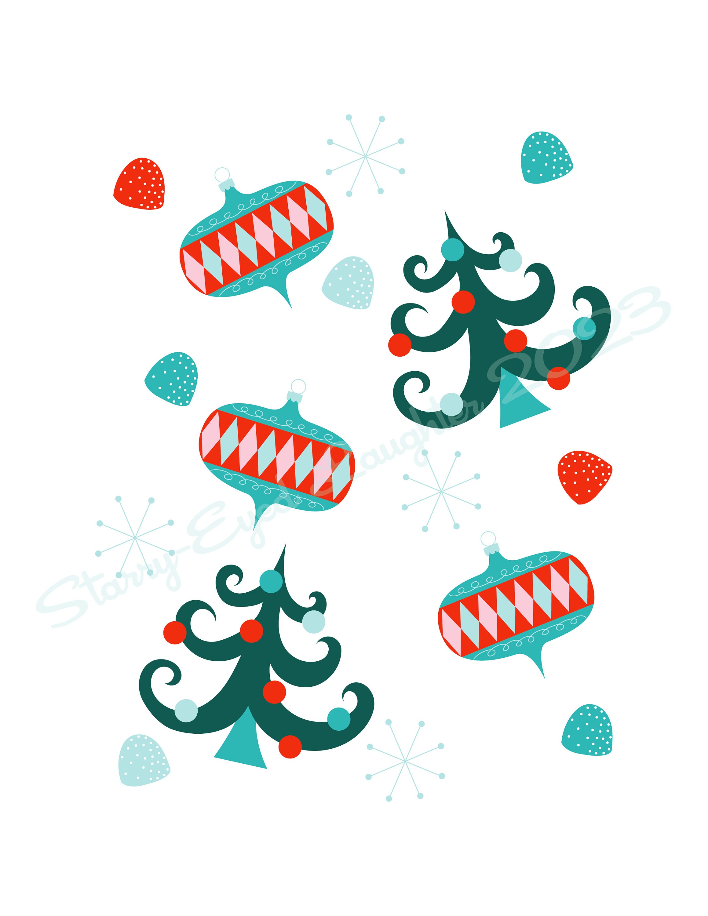 Mid Mid Christmas Wall Art Set, 5 Prints, Vintage Holiday Decor, Pastel ...