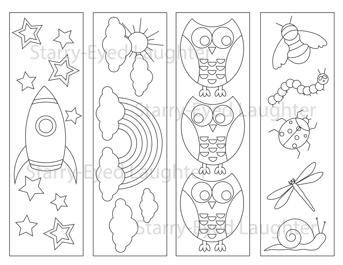 Kid's Coloring Bookmarks Printable PDF, Insect, Owl, Rainbow, Space ...