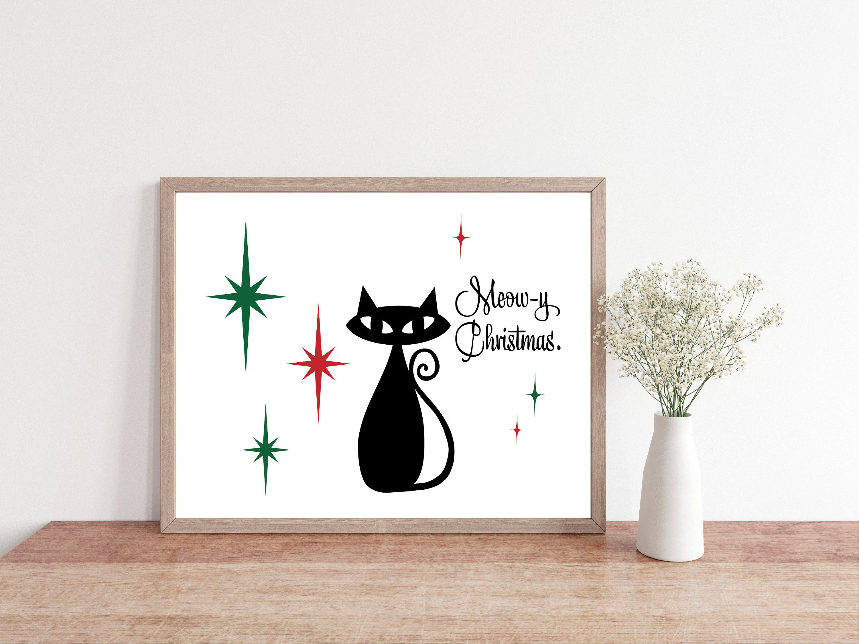 Retro Cat Christmas Print, Printable Art, Mid-century Modern Holiday ...
