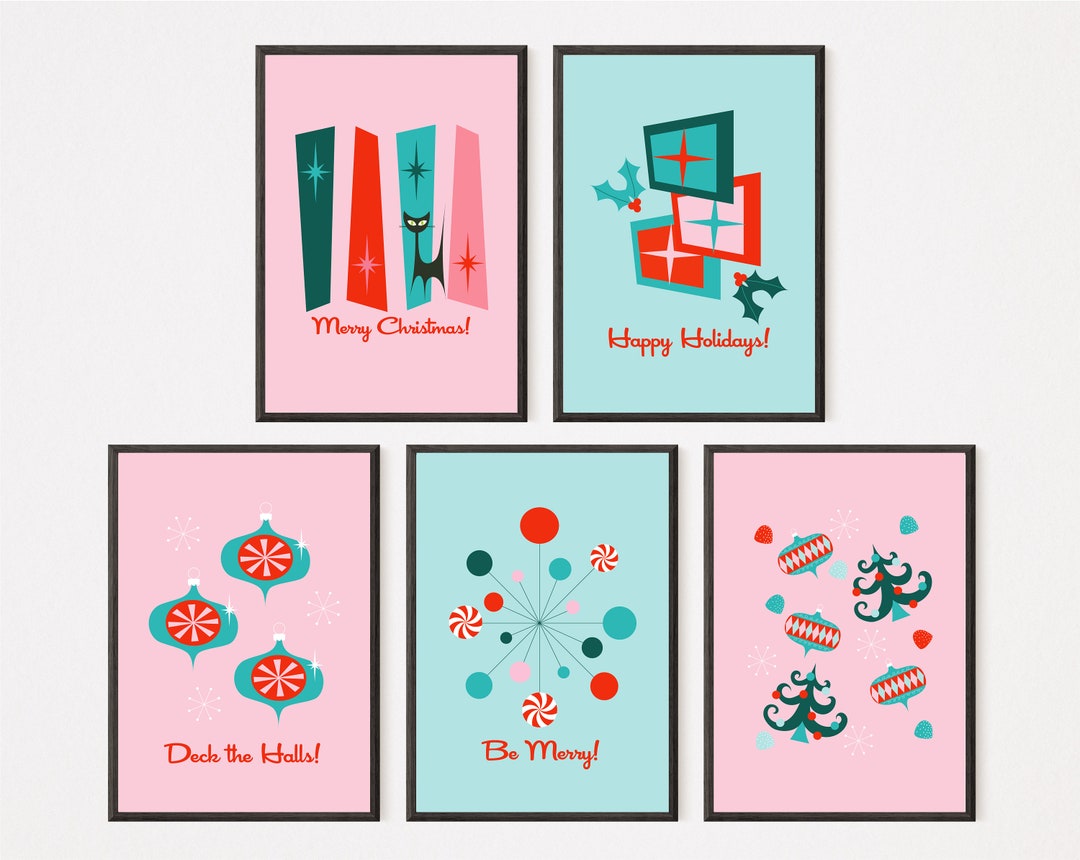 Vintage Pink Christmas Prints, Retro Mid-century Modern Atomic Holiday ...