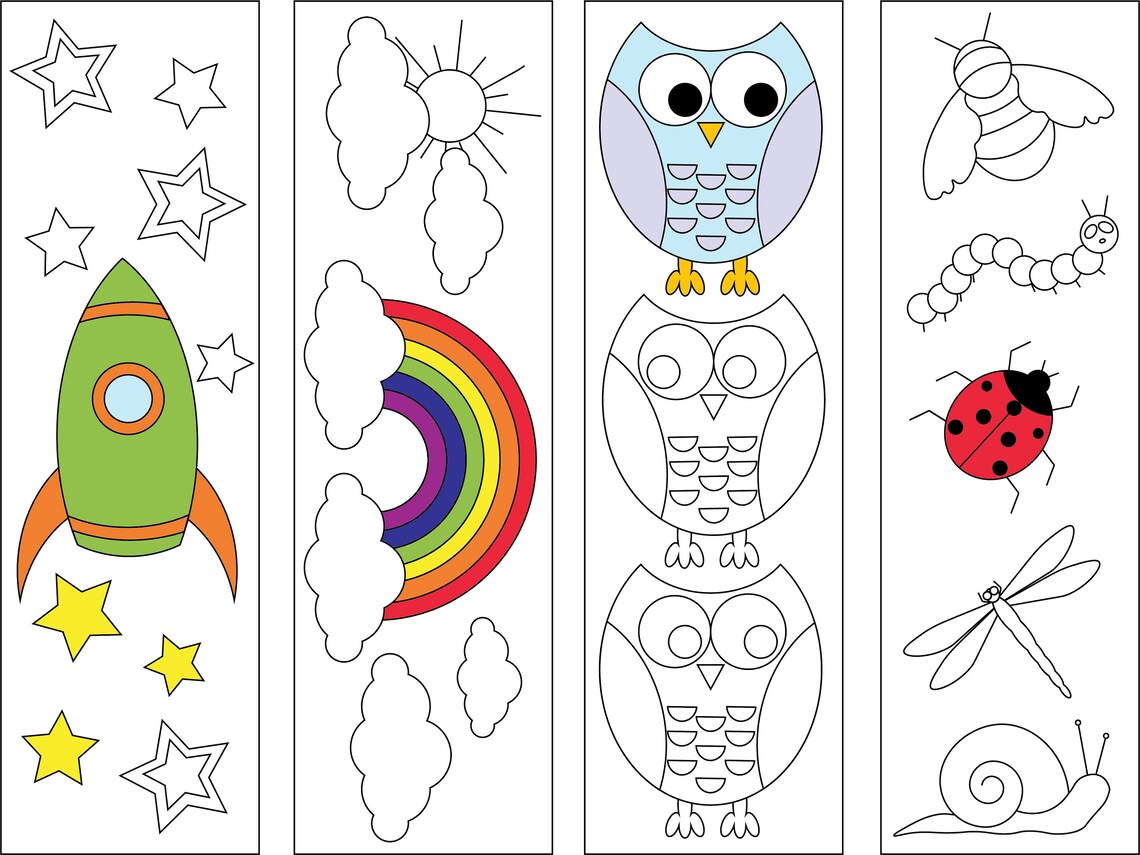 Kid's Coloring Bookmarks Printable PDF, Insect, Owl, Rainbow, Space ...