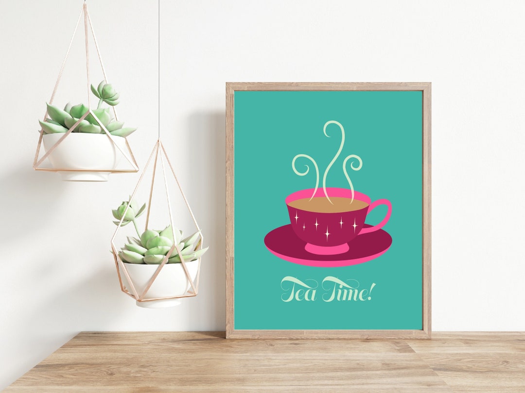 Teacup Art, Tea Print, Tea Drinker, Pink, Teal, Tea Cup, Breakfast Nook ...