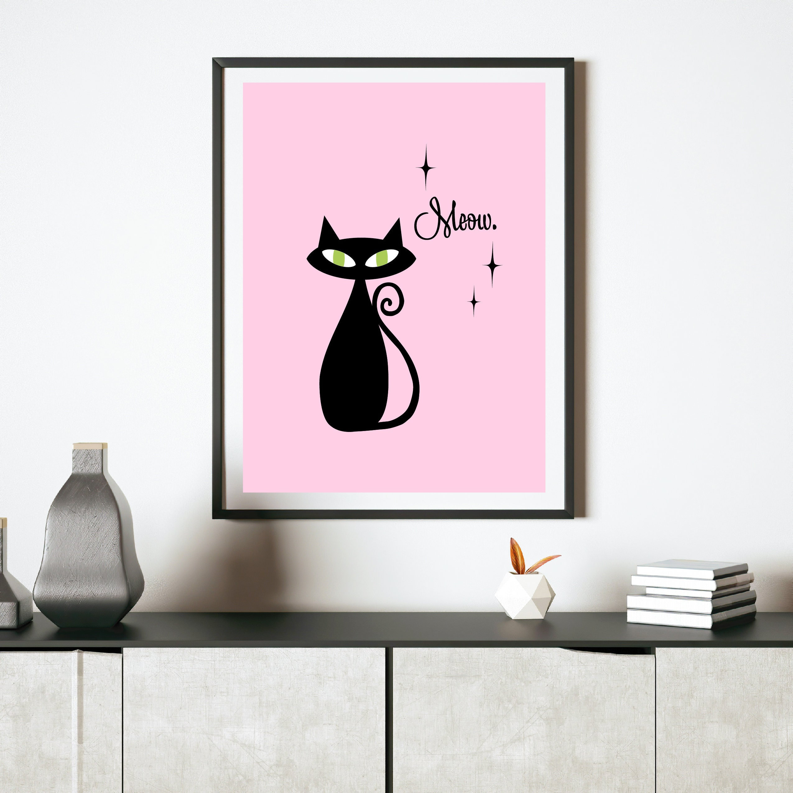 Pink Atomic Cat Art Print, Mid-century Modern Cat Print, Cat Nursery ...