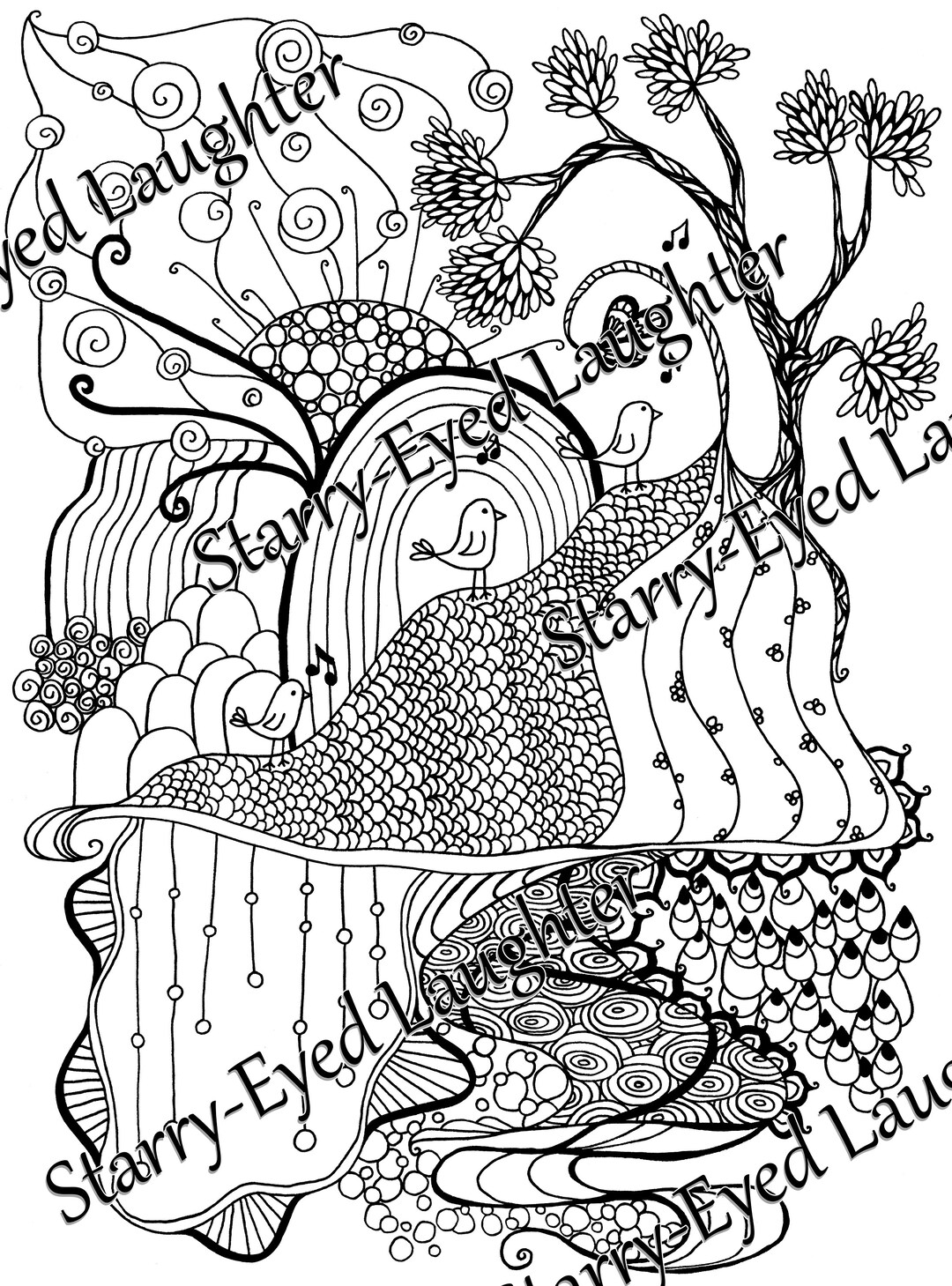 1960s Coloring Page, Birds in Nature Psychedelic Coloring Page, Tree ...
