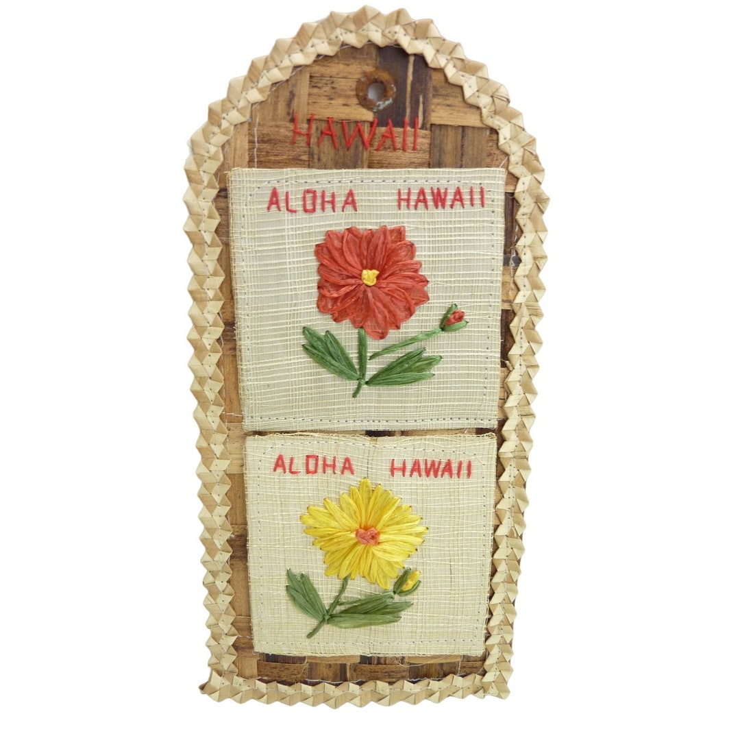 Vintage Boho Flower Note Letter Holder Organizer Hawaii Souvenir Straw ...