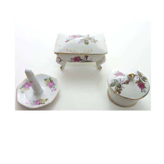 Vintage Ceramic Trinket Box, Rose Design with Gold Tr… - Gem