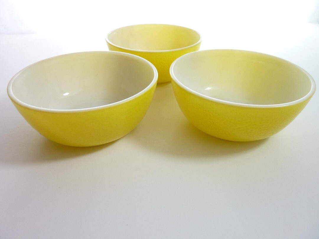 Vintage Kitsch Yellow Happy Glass Bowl Textured 3pc Retro Hippie ...