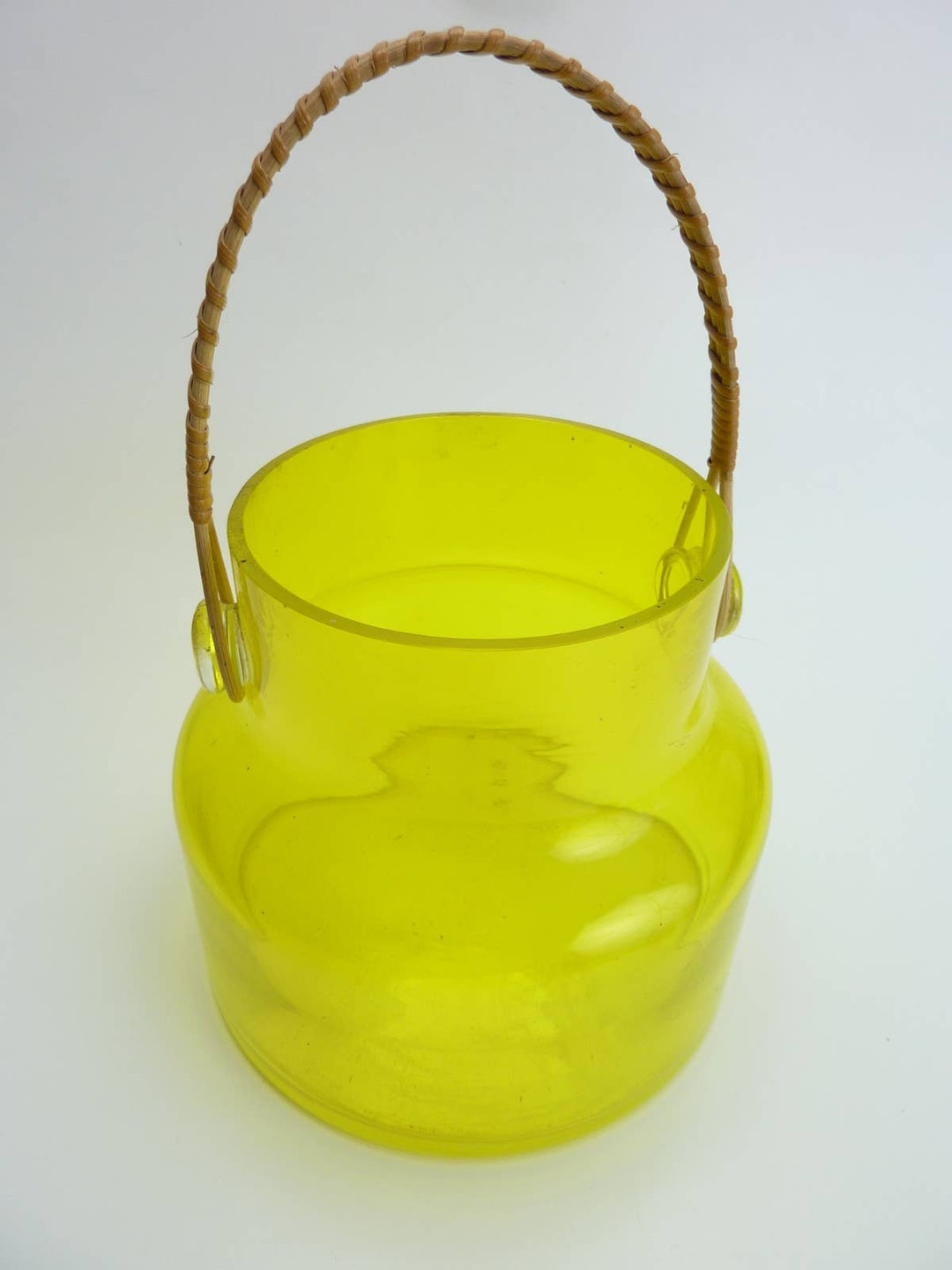 Vintage Handblown Yellow Glass Jar With Wicker Handle, Planter Vase ...