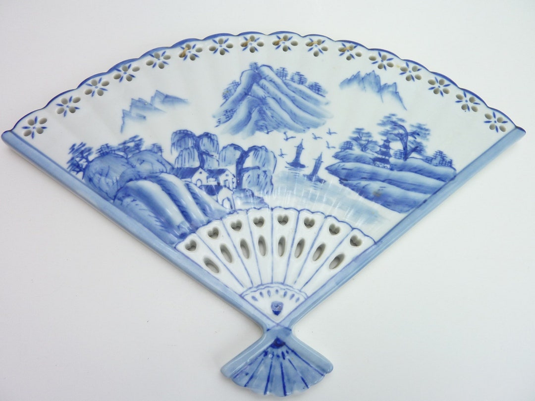 Vintage Asian Chinese Ceramic Fan Wall Decor Hanging Blue - Etsy