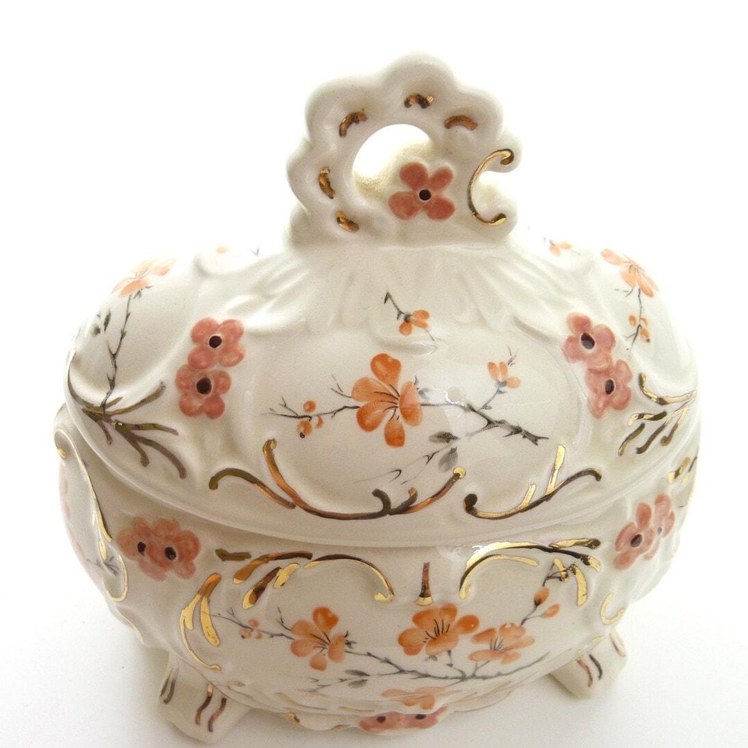 Vintage Ceramic Candy Bowl With Lid Gold and Flower Design Romantic ...