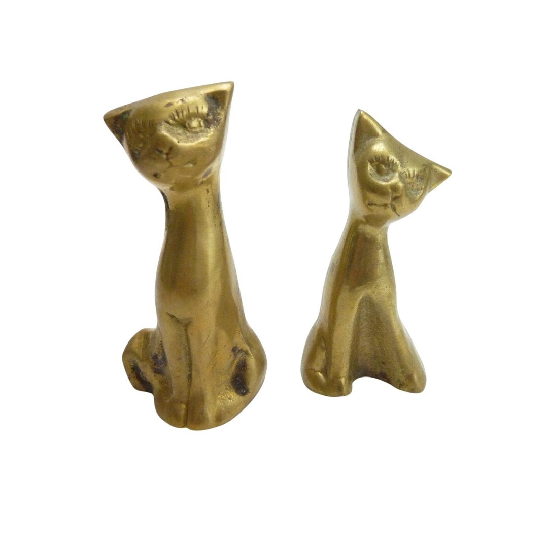 Vintage Small Brass Long Neck Cat Figurine Two Little Cats Cottage ...