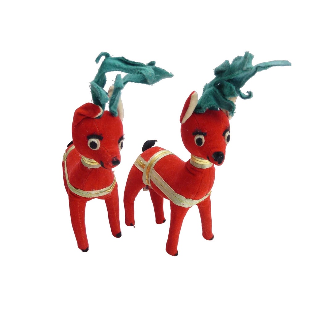 Vintage Kitsch Reindeer Christmas Velvet Red Reindeers Figurine Decor ...