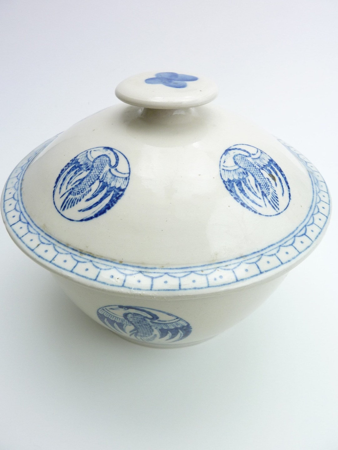 Vintage Rice Serving Dish Bowl With Lid Blue White Chinese Crane Gift ...