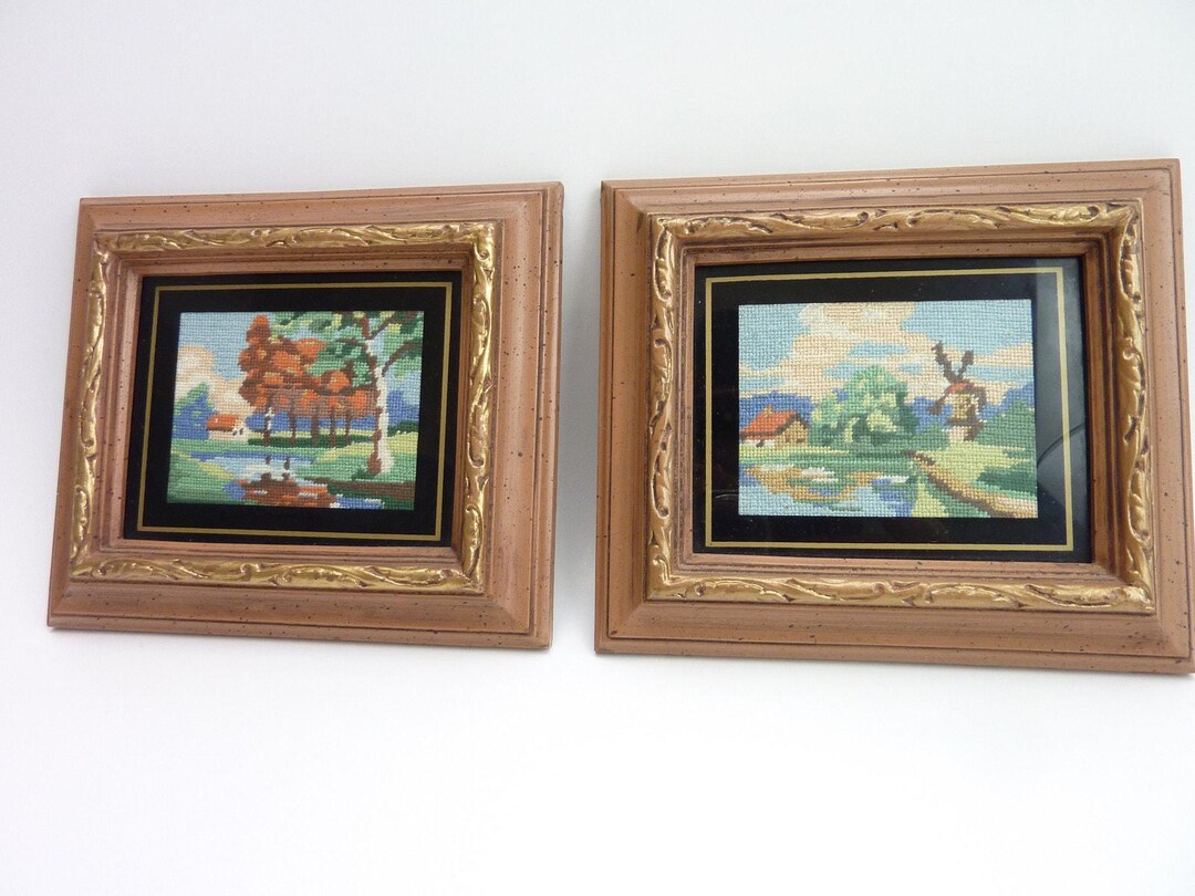 Vintage Petit Needlepoint Landscape Scenes Americana Small Framed ...