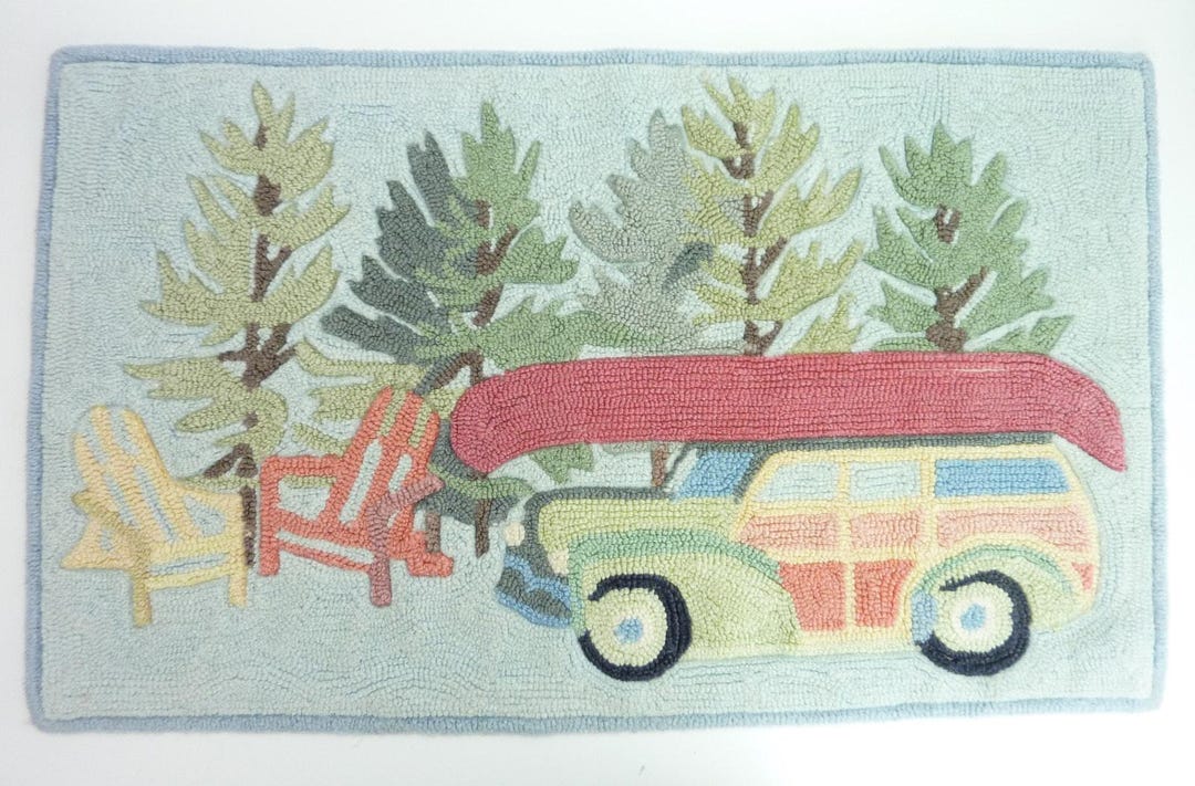 Vintage Hooked Camper Rug Countrycore Canoe Lawn Chair Small Rug Carpet ...