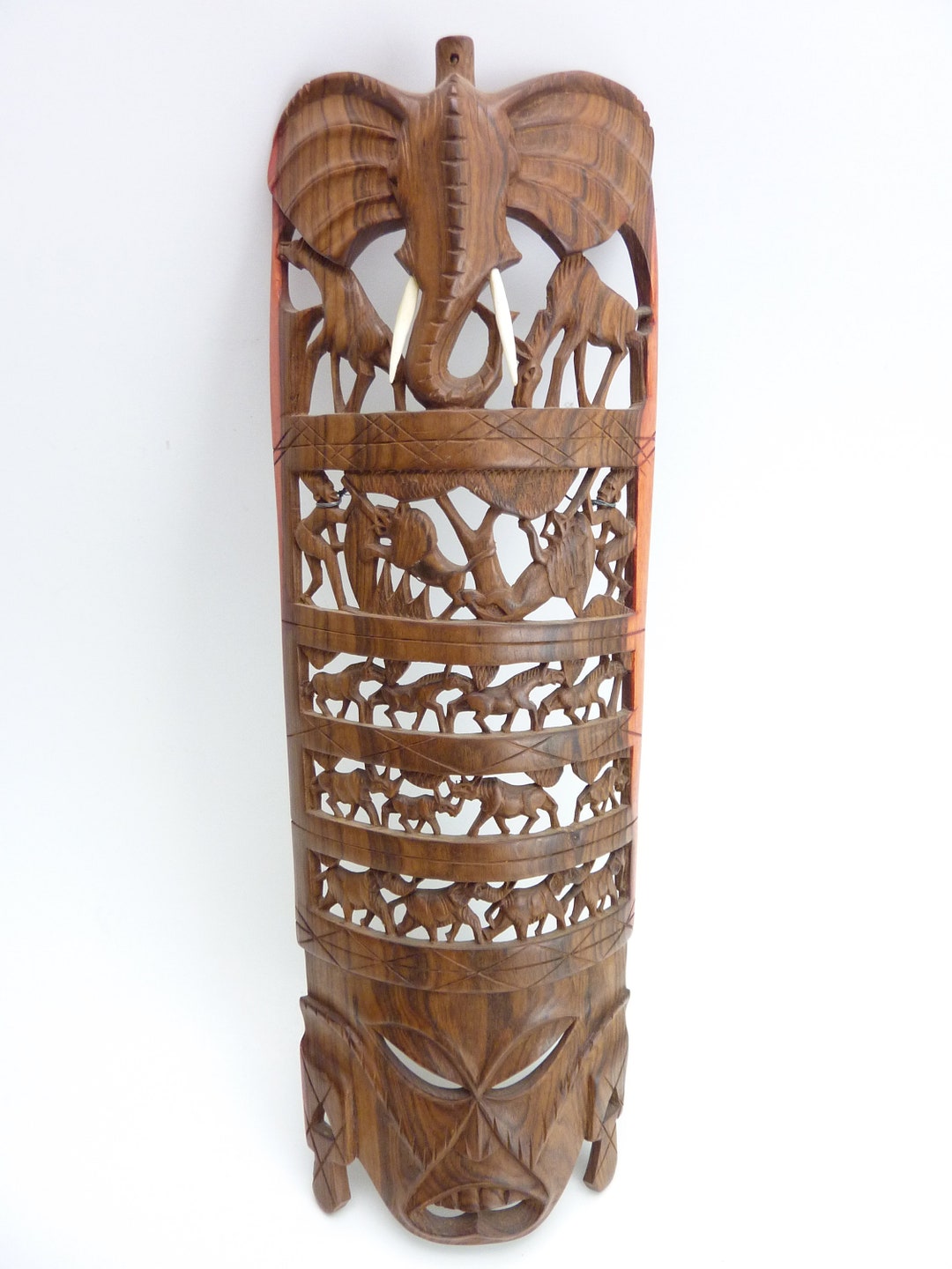 Vintage African Carved Wood Tall Mask With Elephants, Lions, Rhinos - Etsy