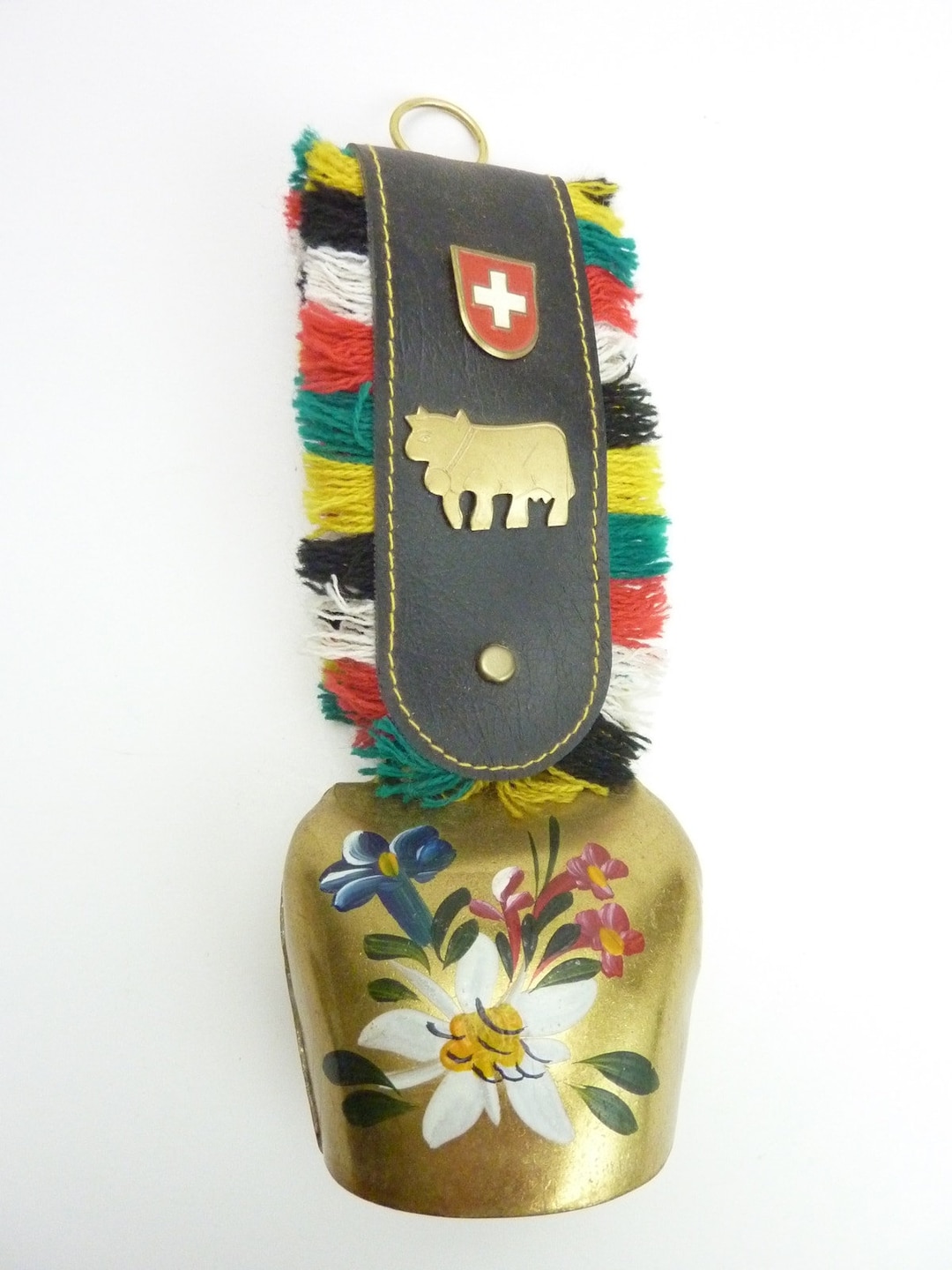 Vintage Swiss Cow Bell Leather Strap Colorful Fringe - Etsy