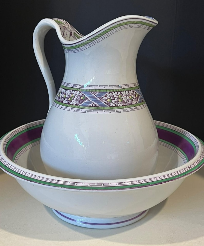 Antique Henry Alcock Porcelain Wash Basin & Pitcher Green Purple Art ...