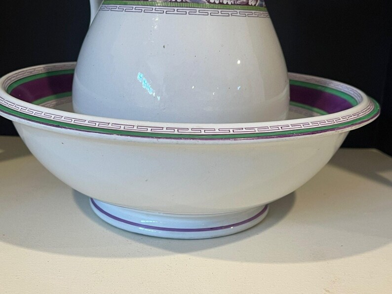 Antique Henry Alcock Porcelain Wash Basin & Pitcher Green Purple Art ...