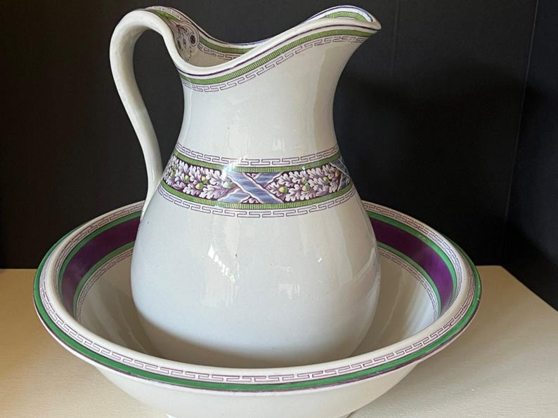 Antique Henry Alcock Porcelain Wash Basin & Pitcher Green Purple Art ...