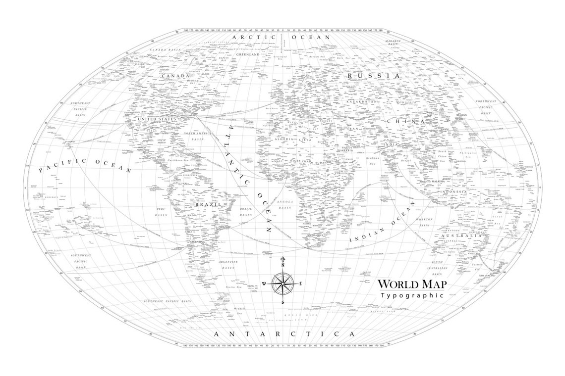 Typographic World Map - Etsy