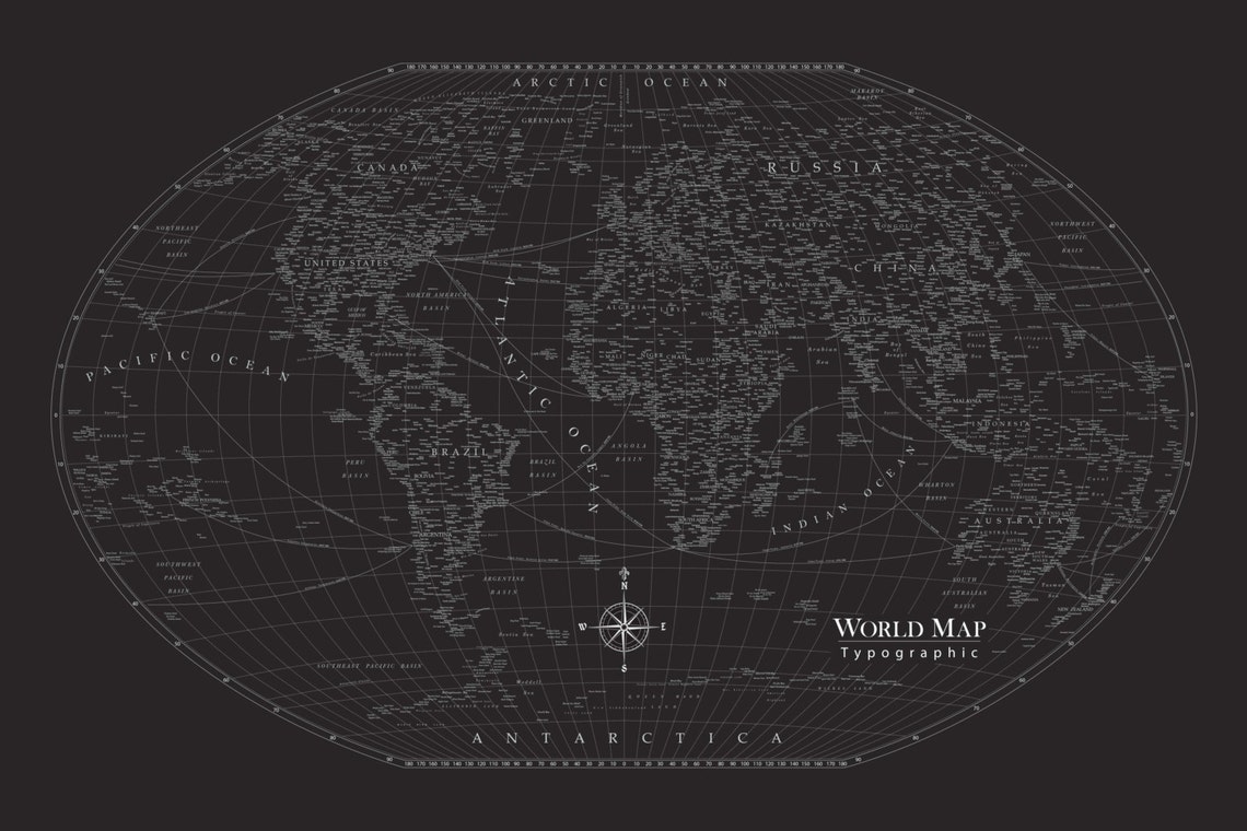 Typographic World Map - Etsy