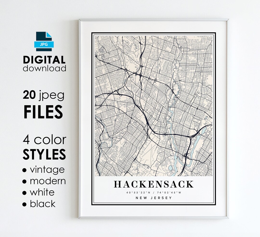 HACKENSACK NJ Map Printable Digital Art Hackensack New Jersey City ...