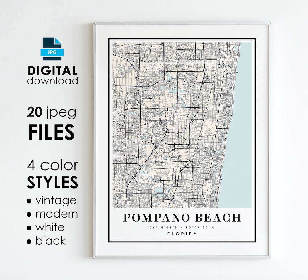 POMPANO BEACH FL Map Printable Digital Art Pompano Beach Florida City Poster Map Digital Instant ...