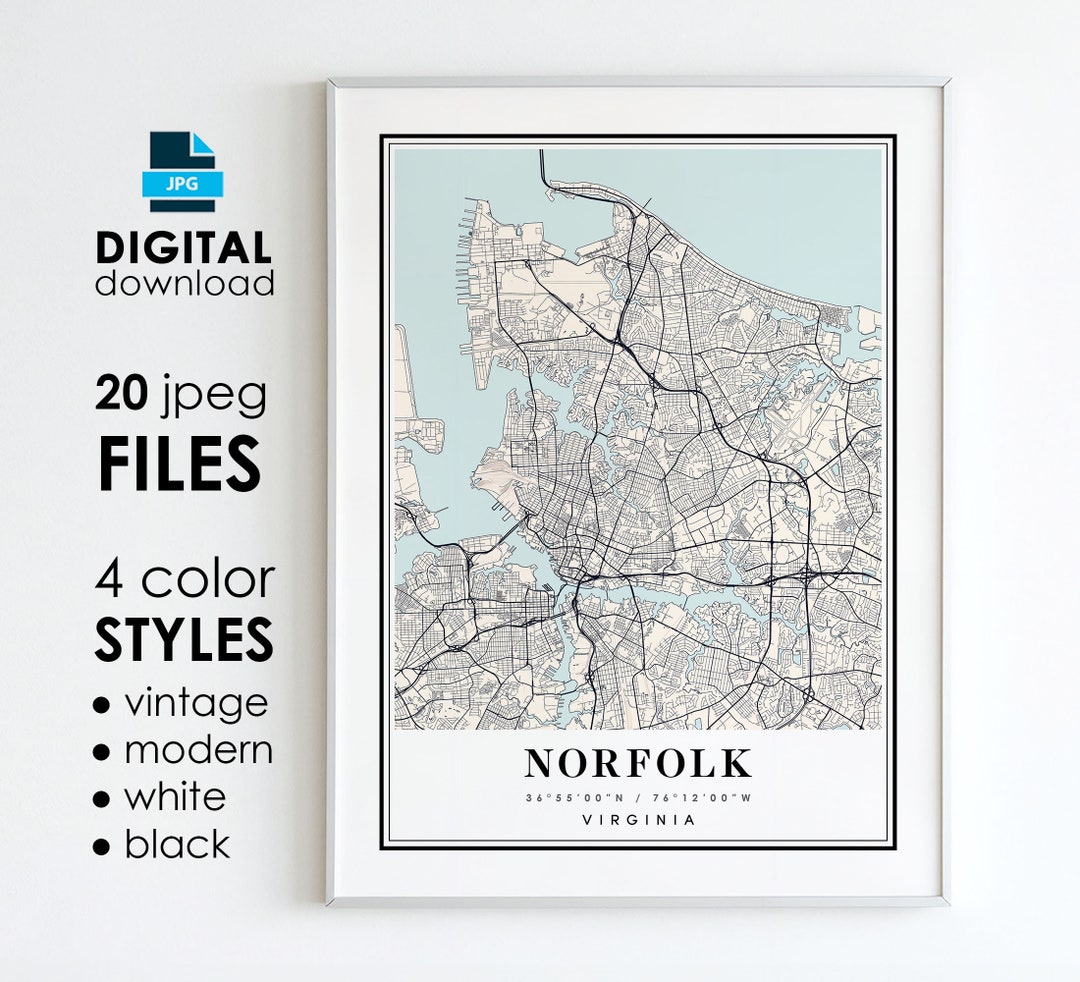 NORFOLK VA Map - Printable Digital Art - Norfolk Virginia City Poster ...