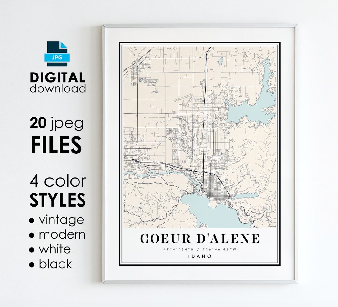COEUR D ALENE ID Map - Printable Digital Art - Coeur D'alene Idaho City ...