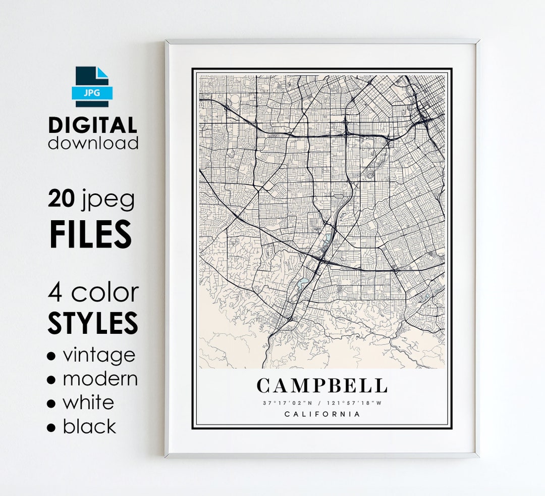 Campbell California Map Art Print: Modern, Vintage, Black, White ...