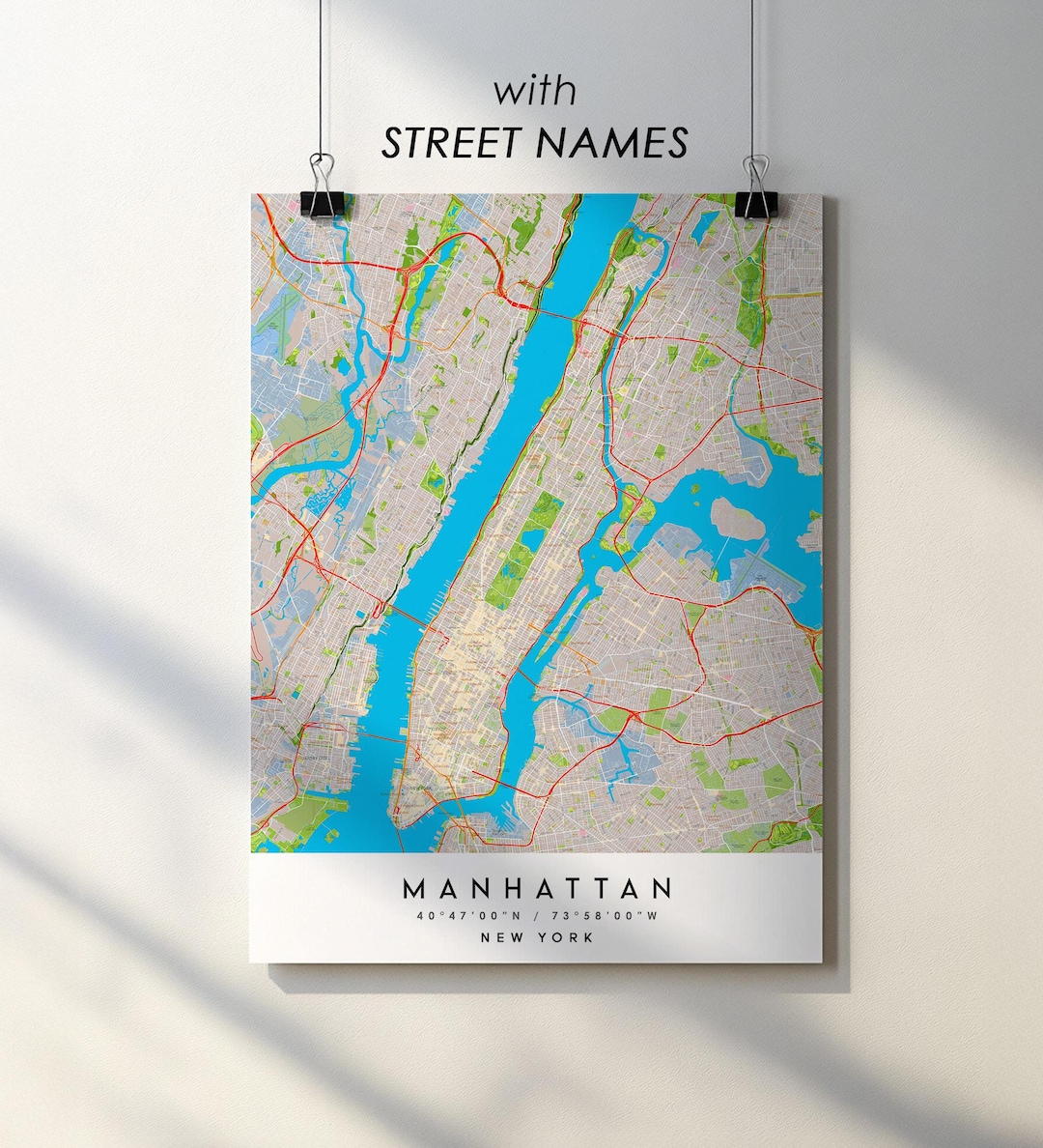 Manhattan NY City Map Print Poster With Street Names (digital Download ...
