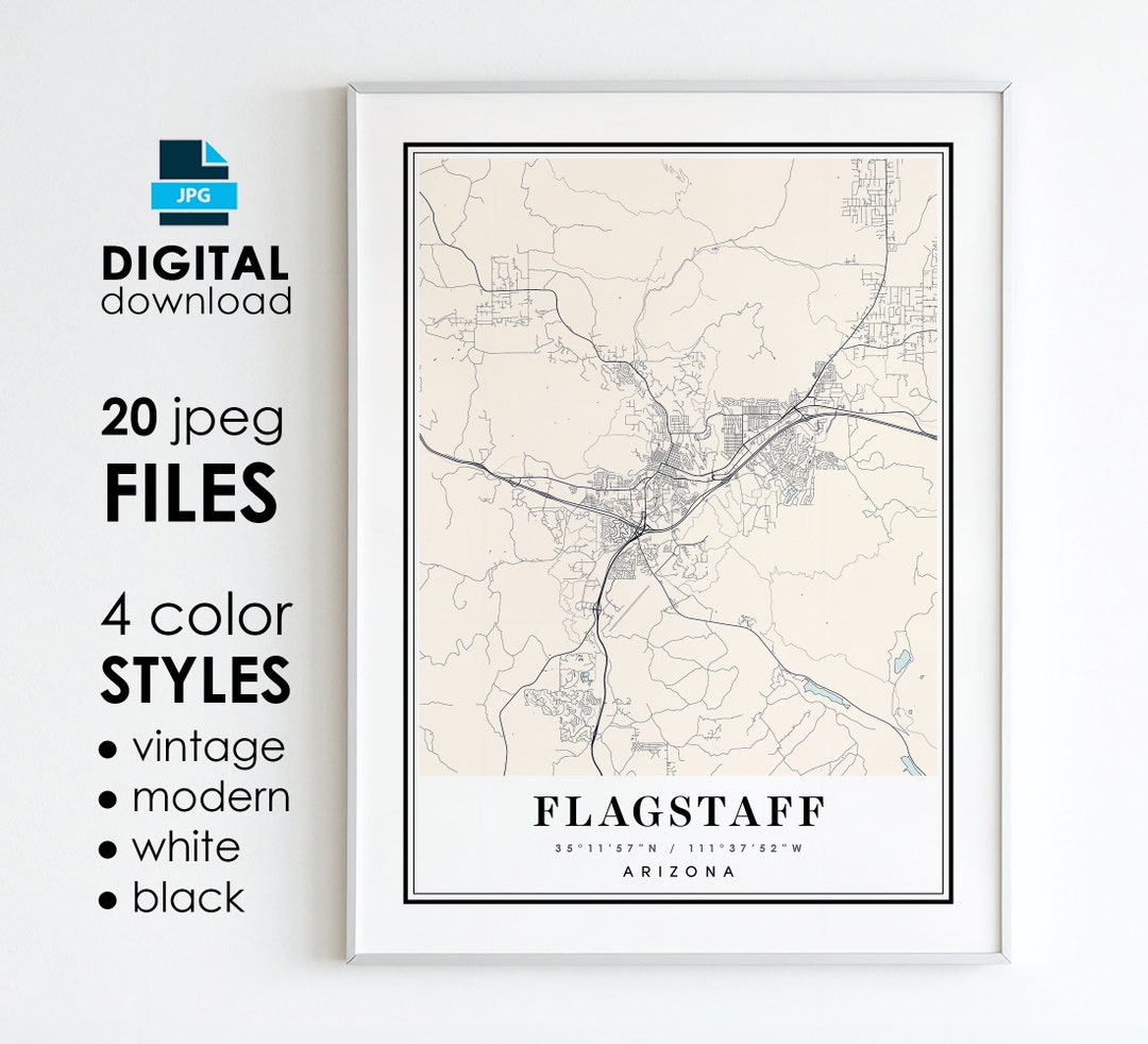 Flagstaff Arizona Map Art Print: Modern, Vintage, Black, White (digital ...