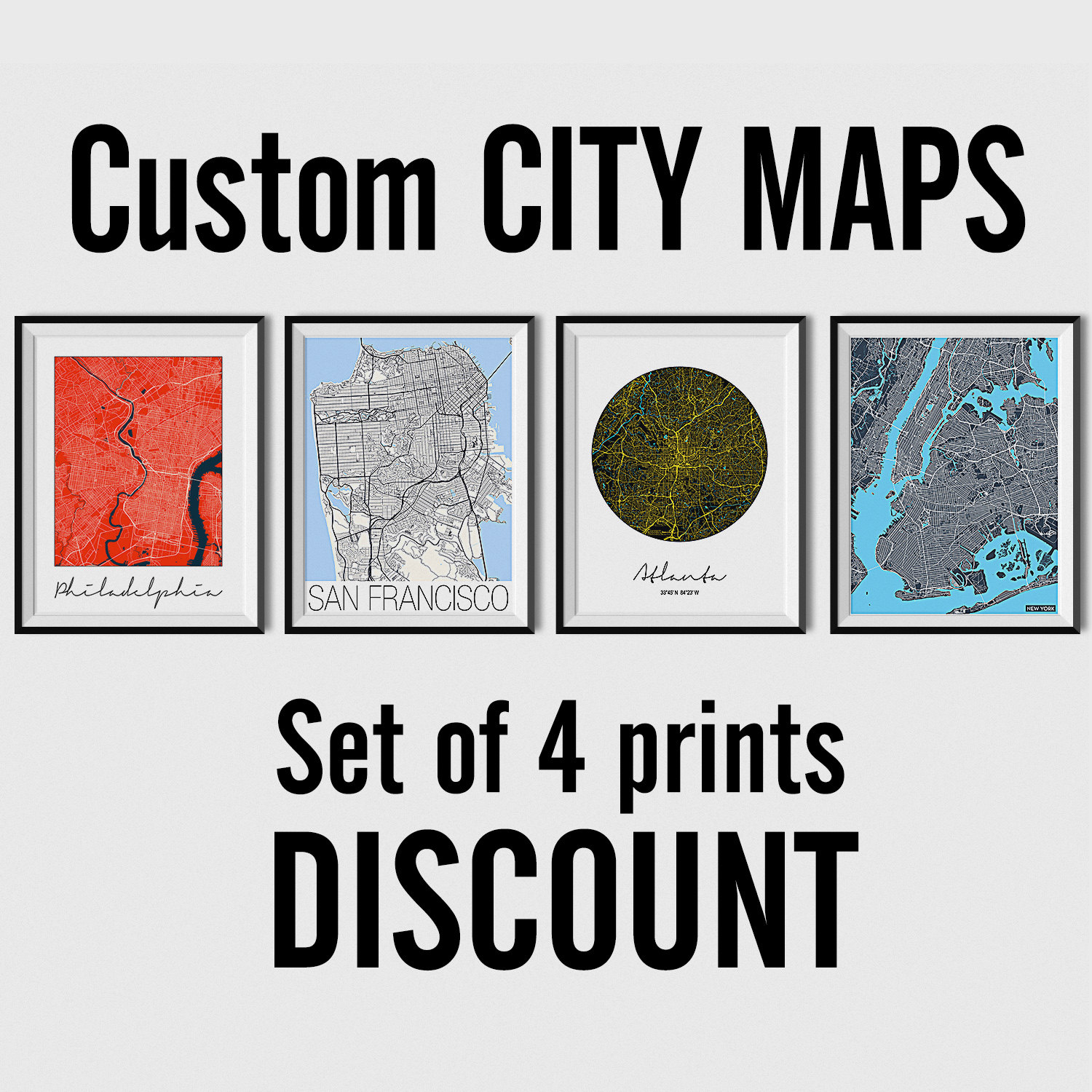 Set of 4 City Maps Multiprint Discount custom city map | Etsy