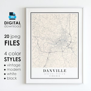 Danville Virginia Map Art Print: Modern, Vintage Styles (digital ...