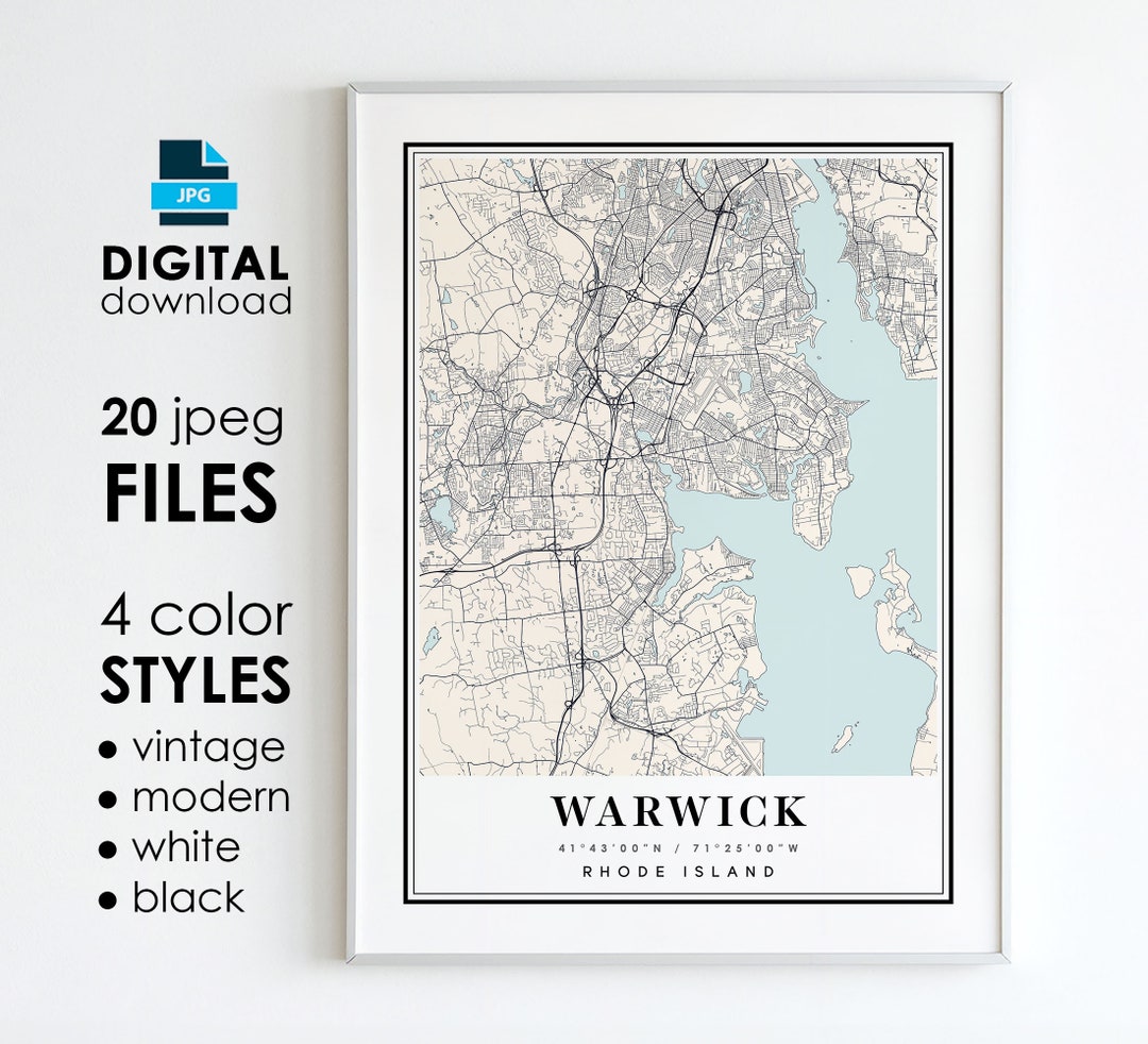 WARWICK RI Map - Printable Digital Art - Warwick Rhode Island City ...