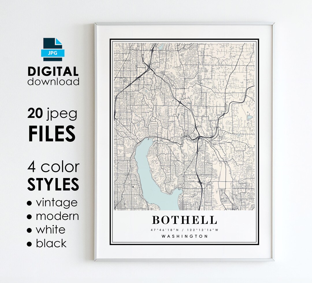 BOTHELL WA Map - Printable Digital Art - Bothell Washington City Poster ...