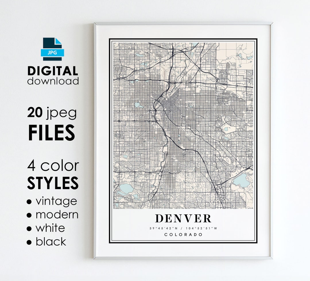 Denver Colorado Map Art Print: Modern, Vintage, Black, White (digital ...