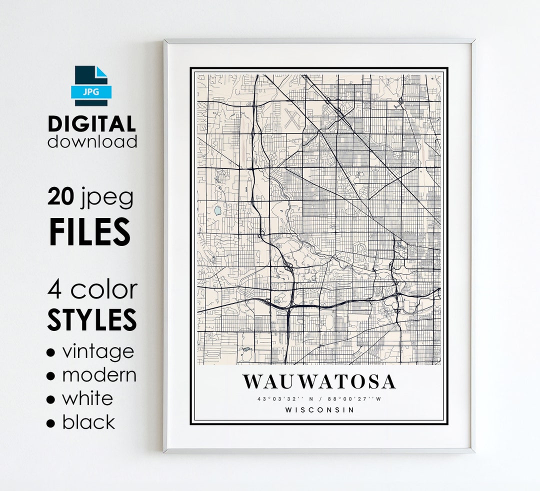 WAUWATOSA WI Map Printable Digital Art Wauwatosa Wisconsin City Poster ...