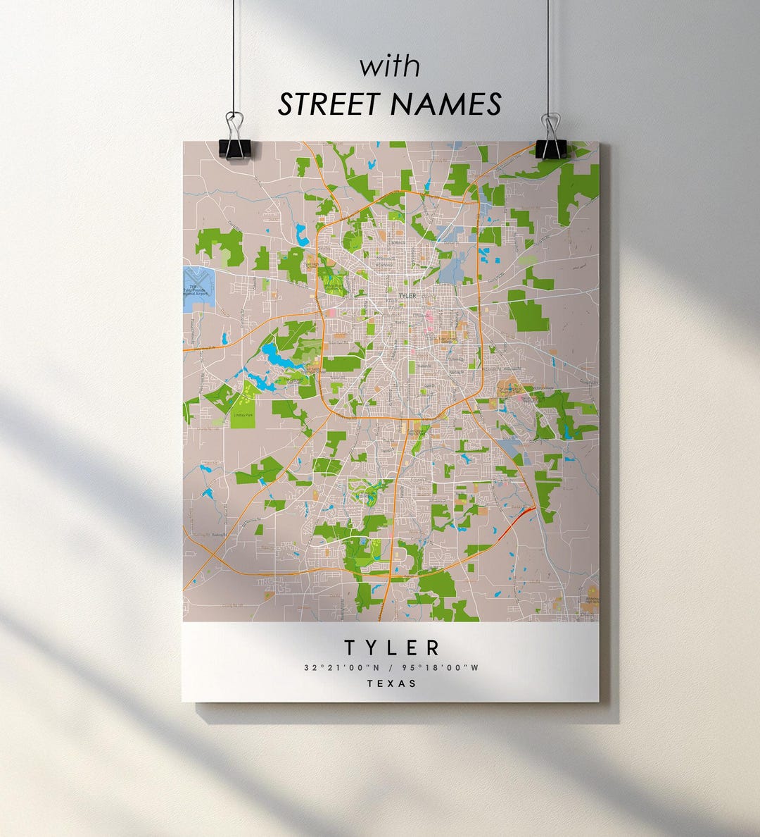 Tyler Texas City Map Art Print: Minimalist Street Map (digital Download ...
